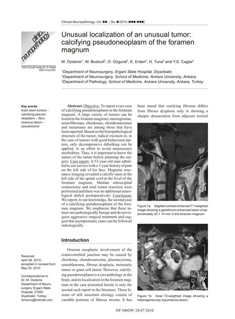 Pdf Unusual Localization Of An Unusual Tumor Calcifying Pseudoneoplasm Of The Foramen Magnum