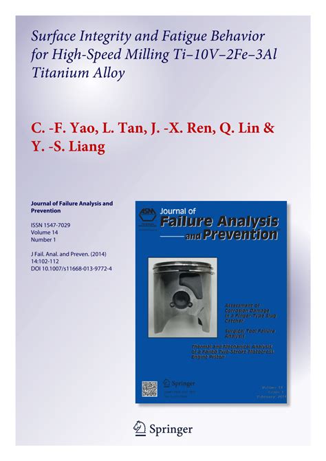 Pdf Surface Integrity And Fatigue Behavior For High Speed Milling Ti10v2fe3al Titanium Alloy