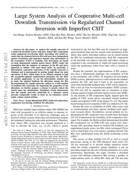 Pdf Large System Analysis Of Cooperative Multi Cell Downlink Transmission Via Regularized