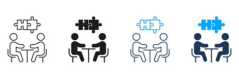 비즈니스 관리 라인과 실루엣 아이콘 세트 퍼즐과 사람들이 팀을 이루어 픽토그램을 만나고 있습니다 팀웍 협력 및 연결 표시 편집 가능한 획 고립된 벡터 삽화 건설 프레임에