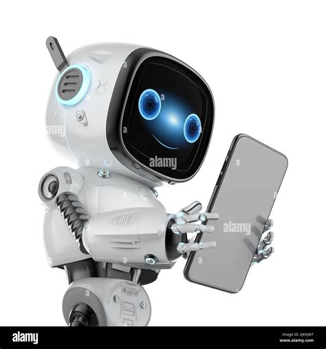 3d Rendering Cute And Small Artificial Intelligence Assistant Robot With Digital Tablet Stock