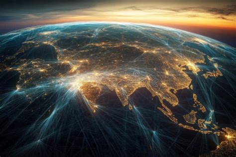 Global Network Connects Cities Across Continents At Sunset Showing International Trade And