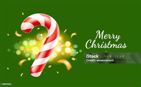 Bokeh와 황금 색종이 색종이 녹색 배경에 현실적인 크리스마스 사탕 지팡이의 벡터 그림 빨간색과 흰색 줄무늬 사탕 지팡이의 3d 만화 스타일 디자인 메리 크리스마스와 새해