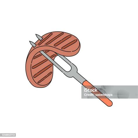 포크 만화 아이콘에 구운 고기 스테이크 스케치 벡터 일러스트 격리 고기에 대한 스톡 벡터 아트 및 기타 이미지 고기 구이 굽기 Istock