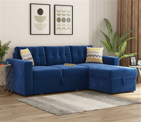 Buy Alfonso Right Aligned Convertible Sofa Cum Bed Velvet Indigo Blue