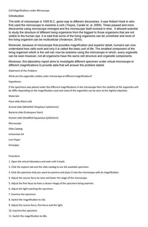 Cell Magnifications Under Microscope Cell Magnifications Under Microscope Introduction The