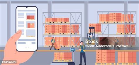 상자와 일하는 사람들이 있는 창고 남자는 상자 배송을 통제합니다 창고에서 상품 배송 화물 유통 물류 관리 모바일 화면 벡터 개념 창고에 대한 스톡 벡터 아트 및 기타 이미지