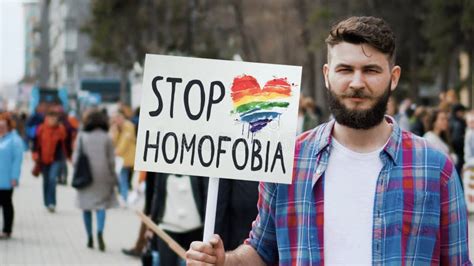 Gay Man Hold Stop Homofobia Banner Lgbt Pride Demonstration Protest