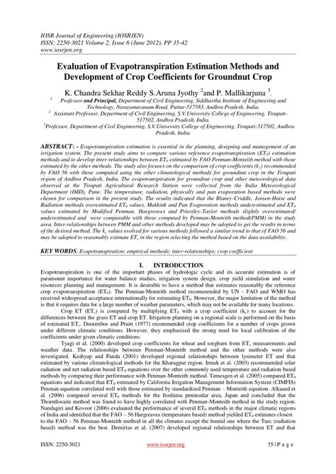 Pdf Evaluation Of Evapotranspiration Estimation Methods And Development Of Crop Coefficients