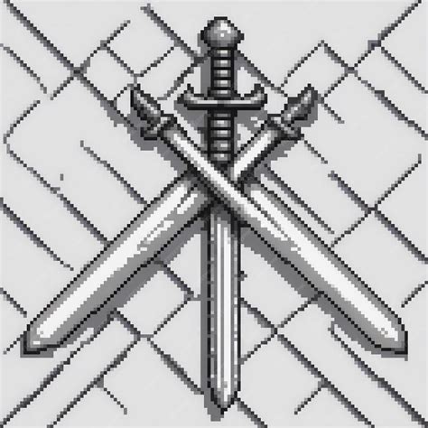 Pixel Art Depicting Two Swords Against A Brick Wall In Monochrome