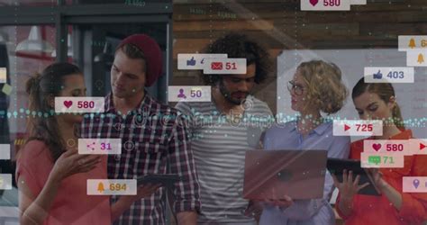 Animation Of Notification Bars And Graphs Over Diverse Coworkers