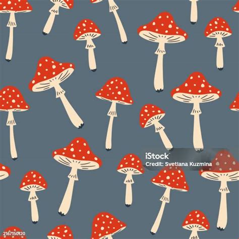 빨간 플라이 Agarics 평면 스타일 일러스트 와 함께 벡터 완벽 한 패턴 독버섯에 대한 스톡 벡터 아트 및 기타 이미지 독버섯 벡터 패턴 Istock