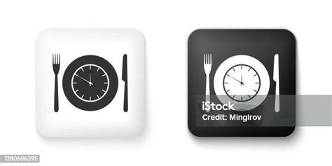 흰색 배경에 고립 된 시계 포크 및 칼 아이콘이있는 흑백 접시 점심 시간 식사 영양 정권 식사 시간 및 다이어트 개념 정사각형 버튼입니다 벡터 개념에 대한 스톡 벡터 아트