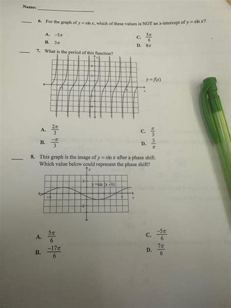 solved 6 for the graph of y sinx which of these values is