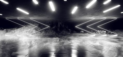 연기 원형 화살표 네온 가상 현실 어두운 그런 지 구체적인 배경 아스팔트 착시 형광 백색 빛나는 빈 공간 공상 과학 Fi 미래 우주선 단계 3d 렌더링 0명에 대한 스톡