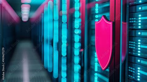 data security and protection in modern data center with red shield symbol on server rack stock