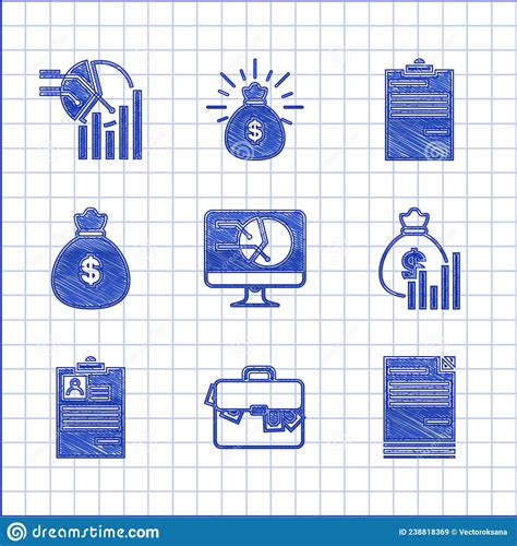 Set Computer Monitor With Graph Chart Briefcase And Money Document Money Bag Diagram