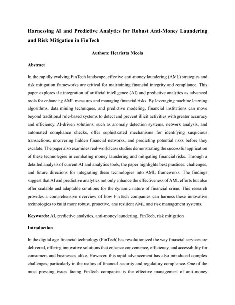 Pdf Harnessing Ai And Predictive Analytics For Robust Anti Money Laundering And Risk