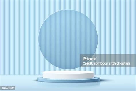 블루 글래스 원을 배경으로 한 현대적인 화이트 실린더 받침대 연단 추상 파스텔 블루 컬러 최소 벽 장면과 세로 선 질감 벡터 렌더링 3d 모양 제품 디스플레이 프리젠 테이션
