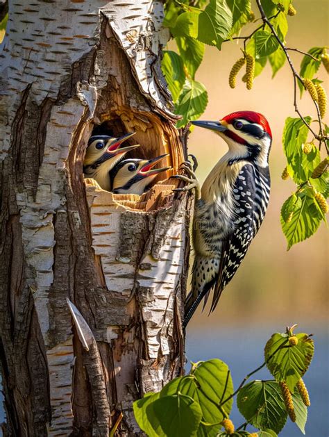 Nurturing Woodpecker Feeds Hungry Chicks In Tree Cavity Stock