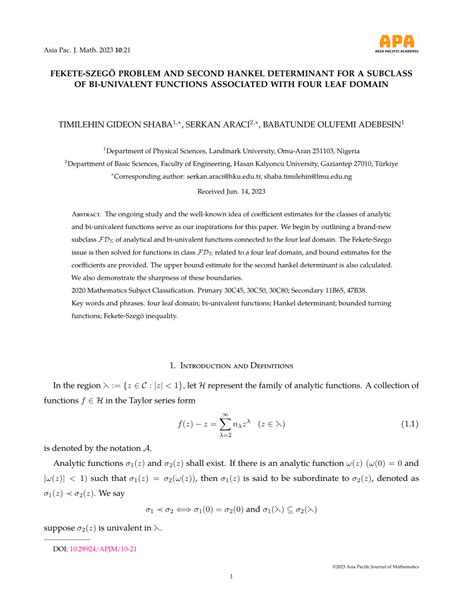 Pdf Fekete SzegÖ Problem And Second Hankel Determinant For A Subclass Of Bi Univalent