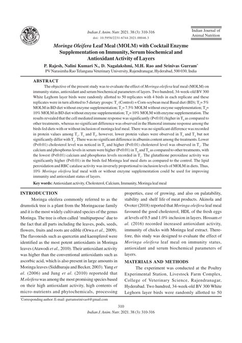 Pdf Moringa Oleifera Leaf Meal Molm With Cocktail Enzyme Supplementation On Immunity Serum