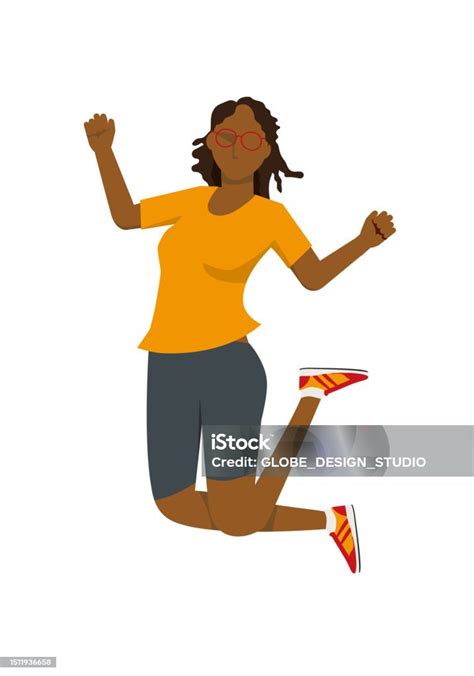 운동복을 입은 흑인 여성이 점프하는 플랫 일러스트레이션 다이어트 기쁨 성공 도약 도약의 이미지 도전에 대한 스톡 벡터 아트 및