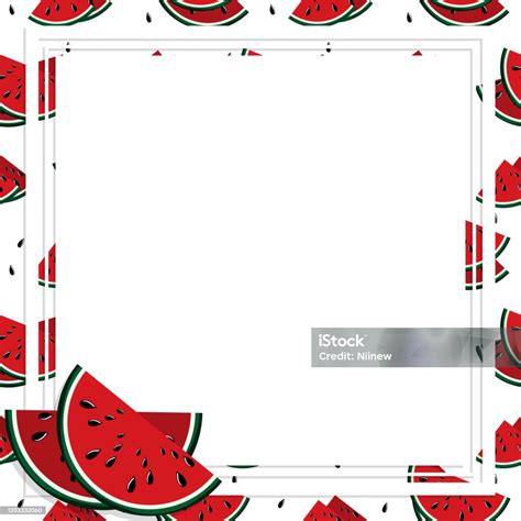 복사 공간과 수박 과일 배경에 사각형 흰색 프레임과 직사각형 레이블 열대 신선하고 육즙이 많은 붉은 멜론 과일은 평평한 디자인의 배경을 밀접하게 이격합니다 벡터