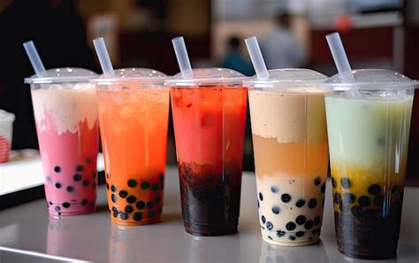 A Row Of Different Kinds Of Bubble Tea Premium AI Generated Image