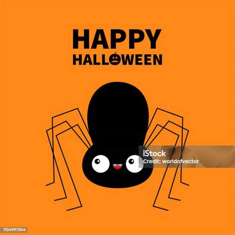 즐거운 할로윈 보내세요 검은 거미 실루엣입니다 귀여운 만화 귀 엽 다 아기 캐릭터 긴 발 재미 있는 곤충 큰 눈 평면 디자인입니다 호박 주황색 배경입니다 격리 0명에 대한