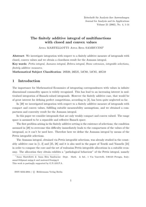Pdf The Finitely Additive Integral Of Multifunctions With Closed And Convex Values