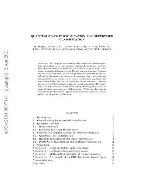 Pdf Quantum State Discrimination For Supervised Classification