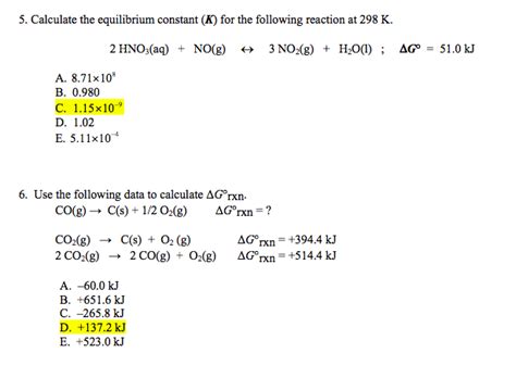 Solved 5 Calculate The Equilibrium Constant K For The