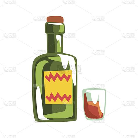威士忌酒瓶和玻璃杯。五彩缤纷的卡通插图