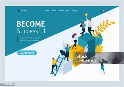 웹사이트 템플릿 방문 페이지 아이소메트릭 개념 젊은 기업가 프로젝트 성공적인 비즈니스 성공에 사다리를 시작 합니다 쉽게 편집 하 고 사용자 지정 0명에 대한 스톡 벡터 아트