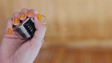 Manual Metal Counter At Work Handheld Analog Counting Machine In Hand Manual Metal Counter At Work Handheld Analog Counting Machine In Hand
