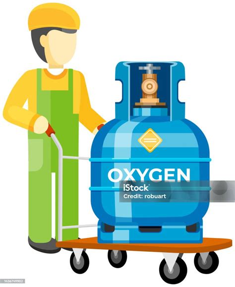 가스 실린더 산소를 가진 통 창고 트롤리에 금속 탱크를 수송하는 남성 노동자 가방에 대한 스톡 벡터 아트 및 기타 이미지 가방 가연성 강철 Istock