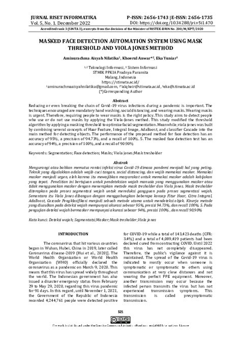 Pdf Masked Face Detection Automation System Using Mask Threshold And Viola Jones Method Eka