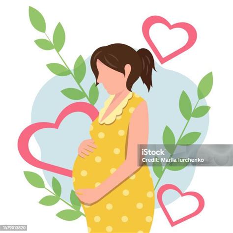 행복한 임신과 대기 과정 노란 드레스를 입은 임산부 임신과 모성 평면 스타일의 벡터 그림입니다 그녀의 배를 들고 임신 한 소녀 임신 건강 관리 가족에 대한 스톡 벡터 아트
