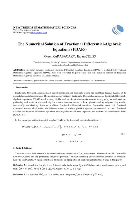 Pdf The Numerical Solution Of Fractional Differential Algebraic Equations Fdaes