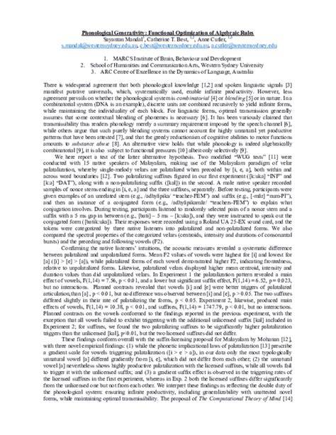 Pdf Phonological Generativity Functional Optimization Of Algebraic Rules