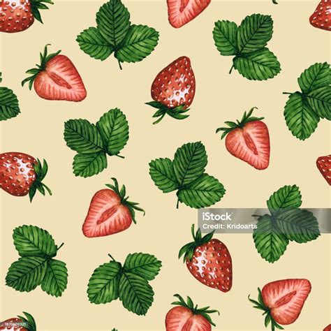 신선하고 육즙이 많은 딸기 베이지 색 배경 손으로 그린 수채화 그림과 완벽 한 패턴 배경 직물 및 섬유 엽서 포장 스크랩북에