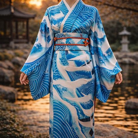 Womens Japanese Yukata Blue Wave Pattern Traditional Summer Kimono