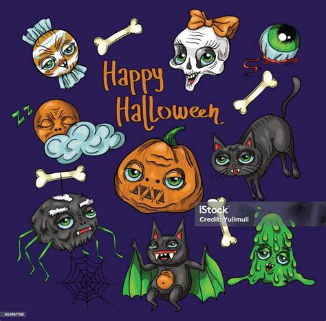 할로윈 요소 집합이 패치 호박 해골 거미 점액 고양이 박쥐 뼈 할로윈 아이콘 컬렉션입니다 아이콘 세트에 대한 스톡 벡터 아트 및 기타 이미지 Istock