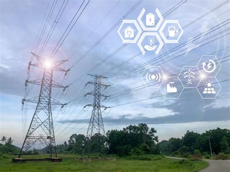 High Voltage Electric Transmission Tower With Electricity Set Icons