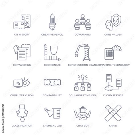 set of 16 thin linear icons such as chain chat bot chemical lab
