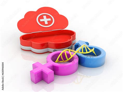 D Rendering Gender Symbols Of Man And Woman With Dna Near Cloud First Aid Box Stock