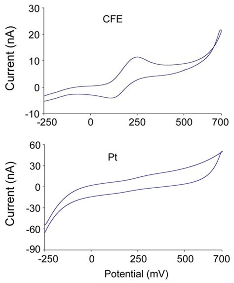 Cyclic Voltammogram Recorded For Carbon Fiber And Pt Electrodes Vs