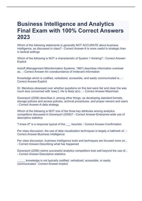 Business Intelligence And Analytics Final Exam With 100 Correct Answers 2023 Business