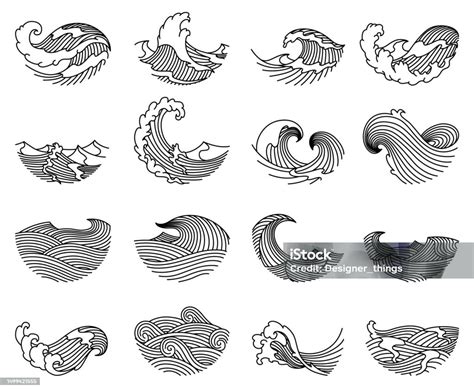 동양의 파도 아이콘 일본 양식화된 바다 파도 컬 일본 스타일의 쓰나미 바다 소용돌이 그래픽 컬렉션 해양 물 아시아 장식 장식은 요소를 튀긴다 아트 벡터 일러스트레이션 0명에